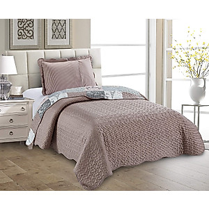 Brilliant Sunshine Latte Grey Paris and Toile Floral Patchwork, 2-Piece Quilt Set with 1 Sham, Reversible Bedspread, Soft Lightweight Coverlet, All-Season, Twin, Latte Grey