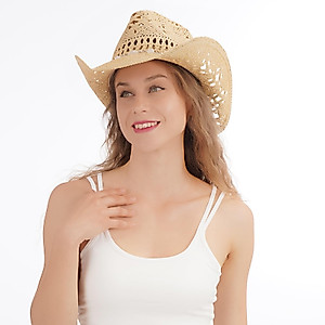 WQWOVRVO Cowboy Hat,Cowgirl Hat,Cowboy Hats for Women/Mens/Straw Wide with Shapeable Brim Cowboy Hats for Womens/White/Black/Beige (Beige+White)