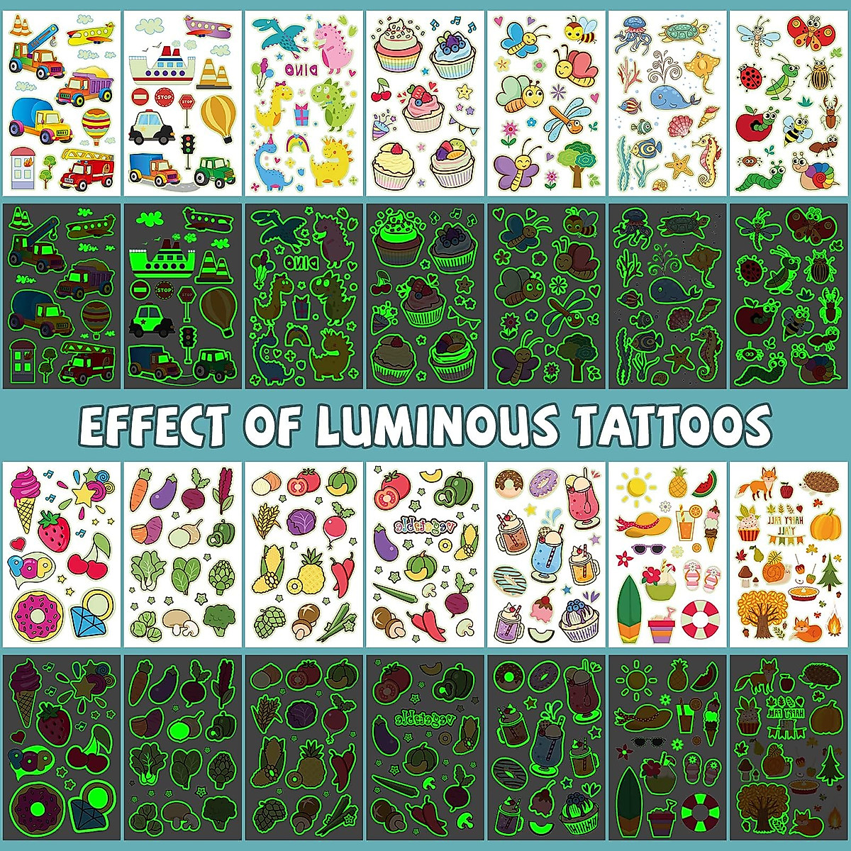 EMOME 600+ Mix Styles Glow Kids Tattoos for Party Supplies,Luminous Temporary Tattoos Stickers for Girls Boys,Fake Tattoos Kids Birthday Party Favors (56 Sheets)