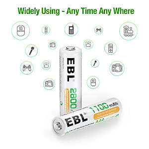 EBL AA Rechargeable Batteries 2800mAh (4 Pack) and AAA Rechargeable Batteries 1100mAh (4 Pack), 1.2V Ni-Mh Batteries Combo