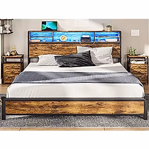ADORNEVE King Bed Frame with LED Lights Headboard, Metal Platform Bed with Outlets and USB Ports, LED Bed Frame with Storage Headboard, No Box Spring Needed, Easy Assembly, Vintage Brown
