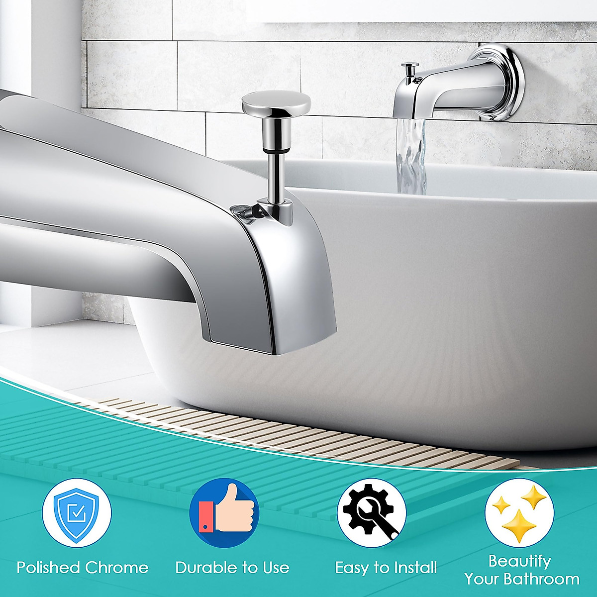 Enhon Universal Bathroom Spout with Metal Cover, 5 1/4 Inch Reach, Front Mount Tub Spout with Shower Diverter, 1/2'' IPS Thread (Chrome)