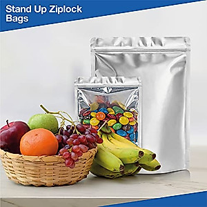 BELLE KR® 100 Pcs Mylar Bags for Food Storage With Oxygen Absorber 500cc - Large Mylar bags 1 Gallon(10x14), 7x10 & 5x8, 4x6 with 1 Side Clear - (25 Pcs Each) Stand Up Mylar Bags with 100 Labels