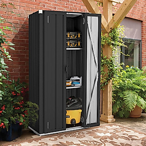 AECOJOY Cabinet Outdoor Storage Cabinet Waterproof with Shelves Storage Shed, Vertical Tall Outdoor Garden Storage Sheds & Outdoor Storage Cabinet Storage Weatherproof for Outside in Dark Grey