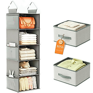 5 Tier Hanging Closet Organizer, Collapsible Thicken Hanging Shelves, with 3 Side Pockets and 2 Removable Drawers, Suitable for Bedroom Closet Clothing Storage Grey