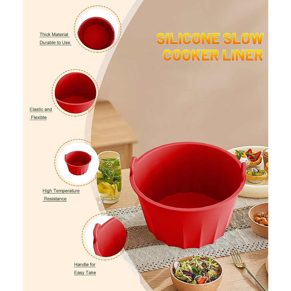 Slow Cooker Liners, 2pcs Reusable Round Cooking Liner Leak-proof Silicone Slow Cooker Liner fit 5-6 Quart Oval Slow Cooker