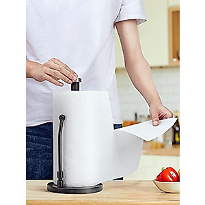 SMARTAKE Paper Towel Holder, Paper Towel Dispenser Standing Weighted Base Non Slip, Spring Arm Fit Most Size Paper Roll, Stainless Steel Paper Towel Holder for Home Kitchen Countertop Tabletop, Black