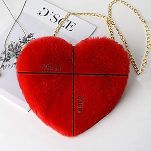 MSDMSASD Heart Shaped Shoulder Bag Faux Fur Crossbody Bag Zipper Closure Removable Chain Fluffy Handbag for Women and Girls (Red)