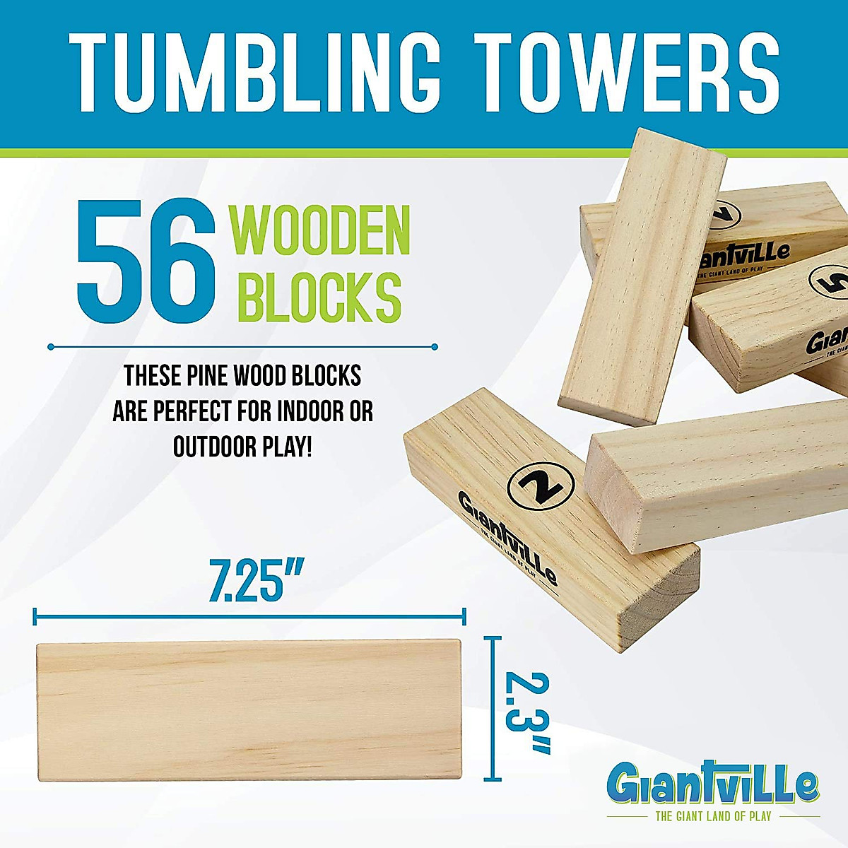 Giantville Giant Tumbling Timber Toy - Premium Pine Wood Life-Size Blocks Tower - Big Floor/Board Indoor/Outdoor Yard Game for Kids & Adults - 56-Pieces + Storage/Carry Bag - Grows to Over 5-Feet
