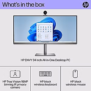 HP Envy 34 inch All-in-One Desktop PC, WUHD Display, Intel Core i5-12400, 16 GB RAM, 512 GB SSD, NVIDIA GeForce GTX 1650 Graphics, Windows 11 Home, 34-c1010 (2023),Silver