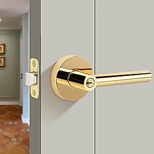 Gaurqiah Entry Door Lock with Keys,Heavy Duty Door Lever, Round Door Handle for Exterior/Interior Doors, Reversible Door Lever for Bedroom or Office-Polished Brass Finish