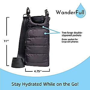 WanderFull Crossbody HydroBag - Water Bottle Holder - Quilted Bottle Bag - Water Bottle Carrier with Strap - Unisex Puffer Tote for Water Bottle (Matte Black with Black Strap)