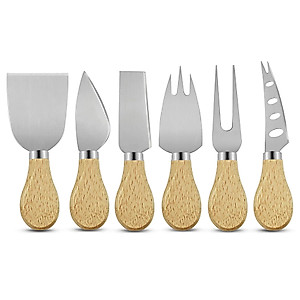 Cheese Knife Set for Charcuterie Board, Set of 6 Pieces Cheese Spreader Cutter Knives Collection for Gift,Stainless Steel Cheese Spreading Knife,Slicer,Shaver,Fork with Bamboo Wood Handle (Type 1)