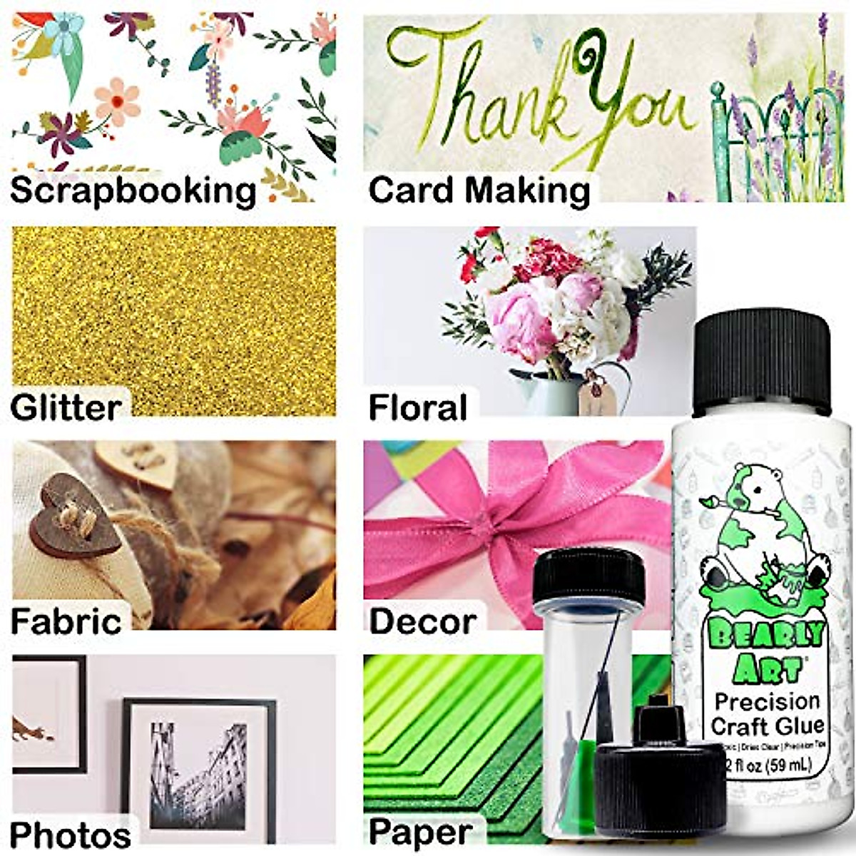 Bearly Art Precision Craft Glue - The Mini - 2fl oz with Tip Kit - Dries Clear - Metal Tip - Wrinkle Resistant - Flexible and Crack Resistant - Strong Hold Adhesive - Made in USA