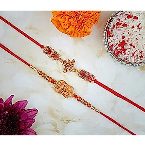 Eximious India Set of 2 Rakhi For Brother With Card Antique Gold Finsh Ganesha and Krishna Pendant For Raksha Bandhan Designer Rakhi Thread for Bhaiya