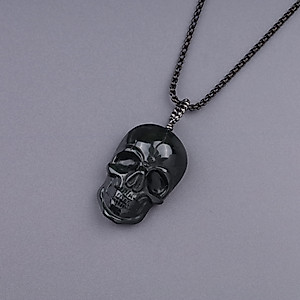 COAI Stainless Steel Chain Skull Black Obsidian Crystal Necklace 20"