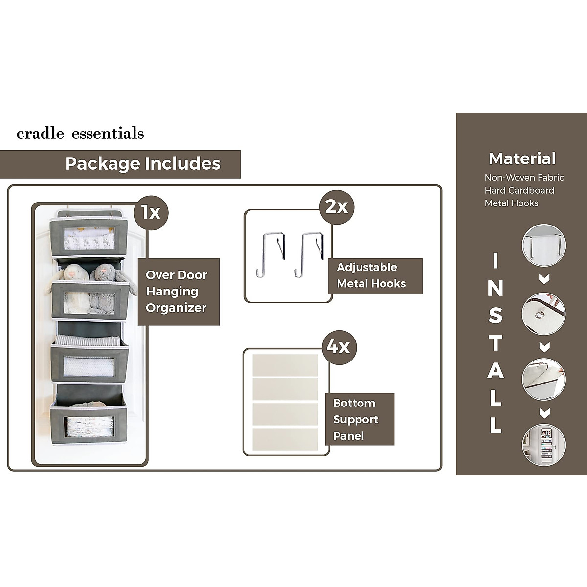 Cradle Essentials Over Door Hanging Organizer | Storage Caddy for Newborn and Baby Items, Stuffed Animals | Large Pockets with Clear Windows for Nursery, Mudroom, Bathroom, Laundry, Pantry, Closet