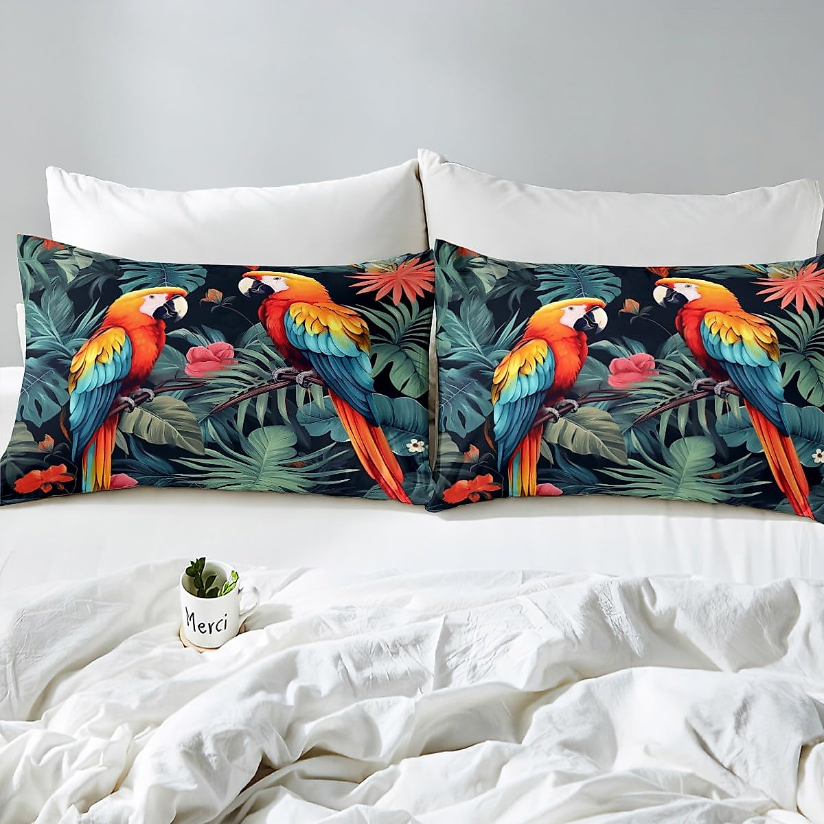 Manfei Tropical Birds Bedding Set Twin Size 2 Pcs,Jungle Parrot Bird Wild Animal Duvet Cover for Kids Teens Bed Comforter Cover Set,Green Palm Leaves Nature Botanical Bedding Quilt Cover Set