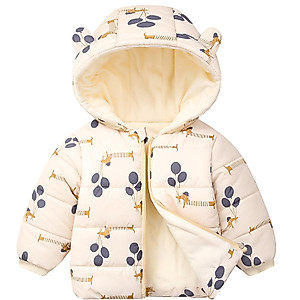 Happy Cherry Baby Padded Cotton Jackets Down Coat Hooded Long Sleeve Zipper Jackets with Cute Ear Hoodie Soft Thermal Lightweight Winter Clothes Beige Ballon 2-3T