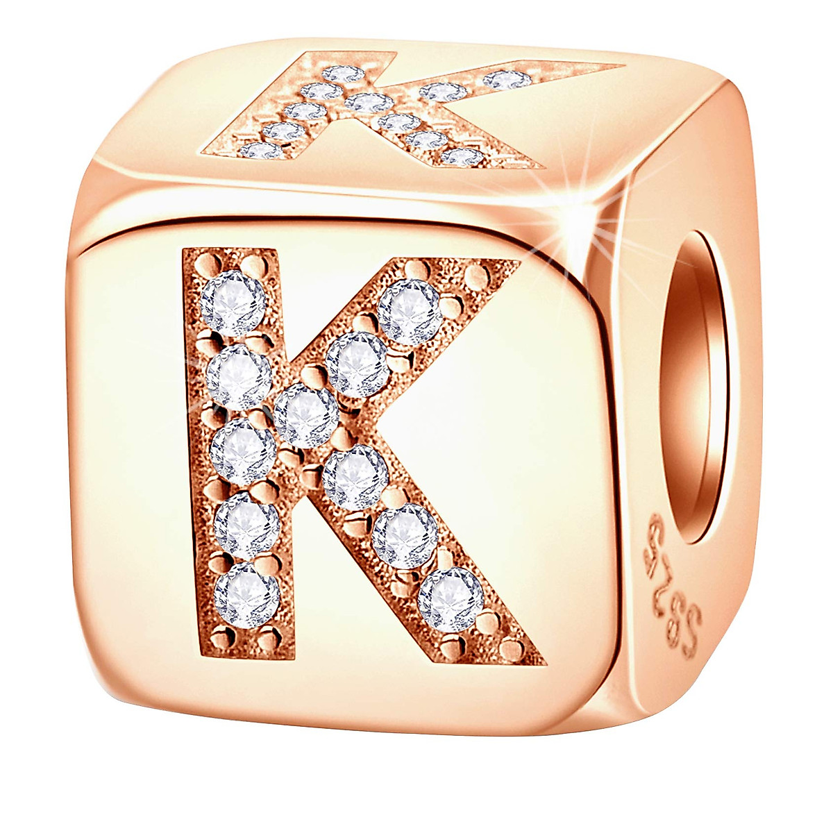 Letter K Charm, Rose Gold Dice Beads with CZ, fit Pandora Bracelet, 925 Sterling Silver Initial A to Z Alphabet K Cube Charms, Gifts for BFF/Christmas/Mothers Day