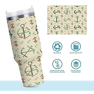RPLIFE Anchors Beige Tumbler, Stainless Steel Mug, Insulated Water Bottle with Straw, Tumbler for Men