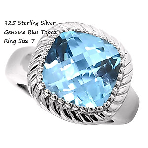 KOKAV 925 Sterling Silver Genuine Blue Topaz Checkerboard Cut 12mm Cocktail Ring. Size 7