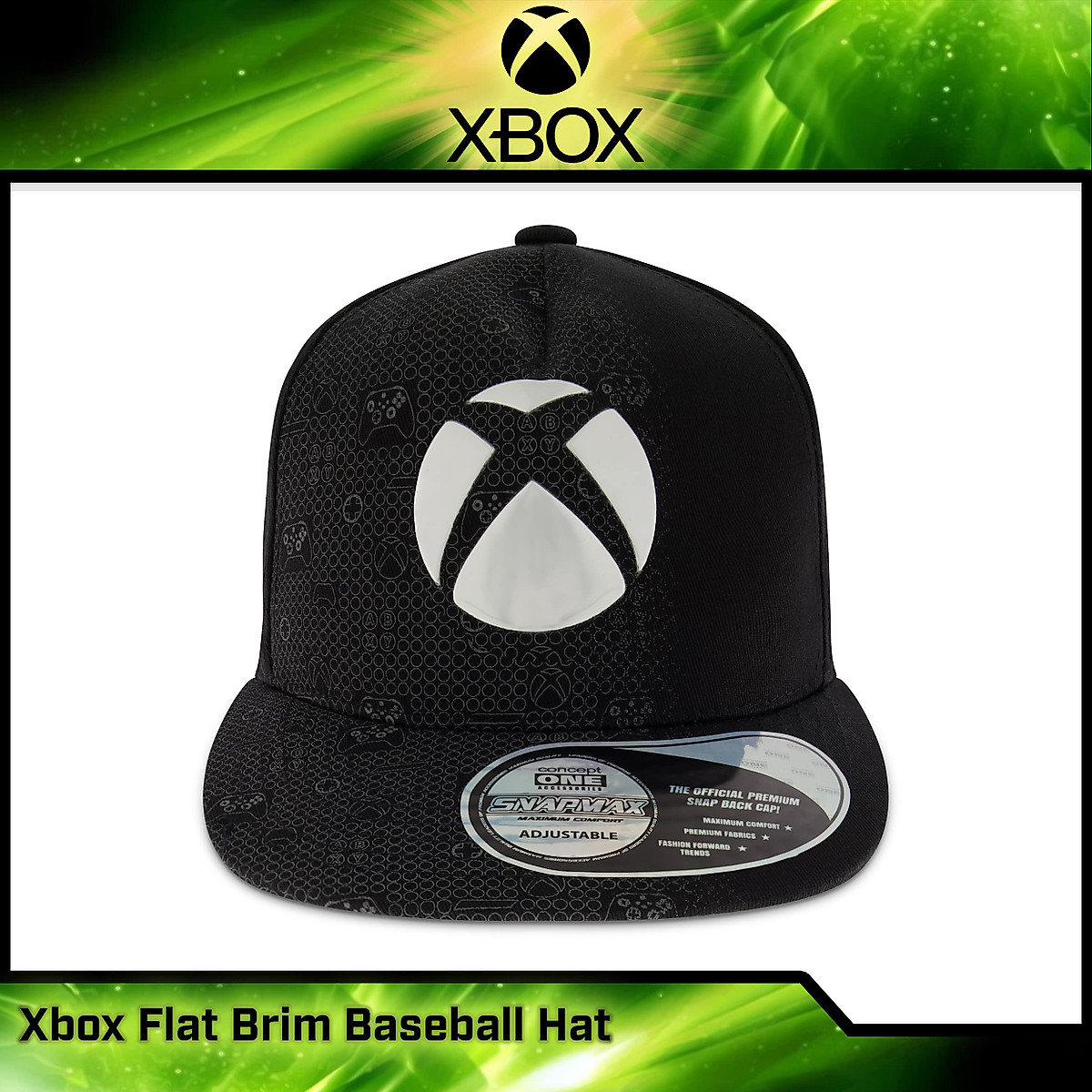 Microsoft Xbox Baseball Hat, Skater Adult Snapback Cap with Flat Brim, Baseball Cap, Black, One Size