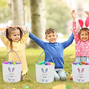 Easter Bunny Basket Egg Bags for Kids Canvas Tote Bags Buckets for Easter Eggs Personalized Candy Egg Basket with Rabbit Print Easter Tote Bag Party Candy Storage Decoration（2pcs）