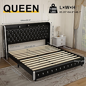 Queen Modern Wingback Upholstered Platform Bed Frame with Galaxy Projector, LED Bed Frame, Sturdy Noise Free Design, Headboard with Star Accents, Easy Assembly, No Box Spring Needed, PU Black