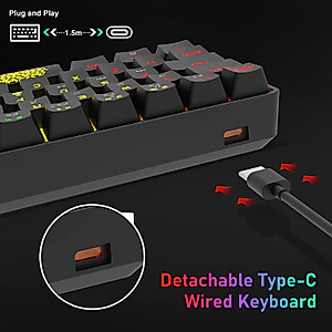 FELICON Portable 60% Mechanical Gaming Keyboard Type C Wired 62 Keys LED USB Waterproof Mini Keyboard 20 Chroma RGB Backlight Anti-ghosting Keys+Extra Keycaps for Computer/PC/Laptop/MAC