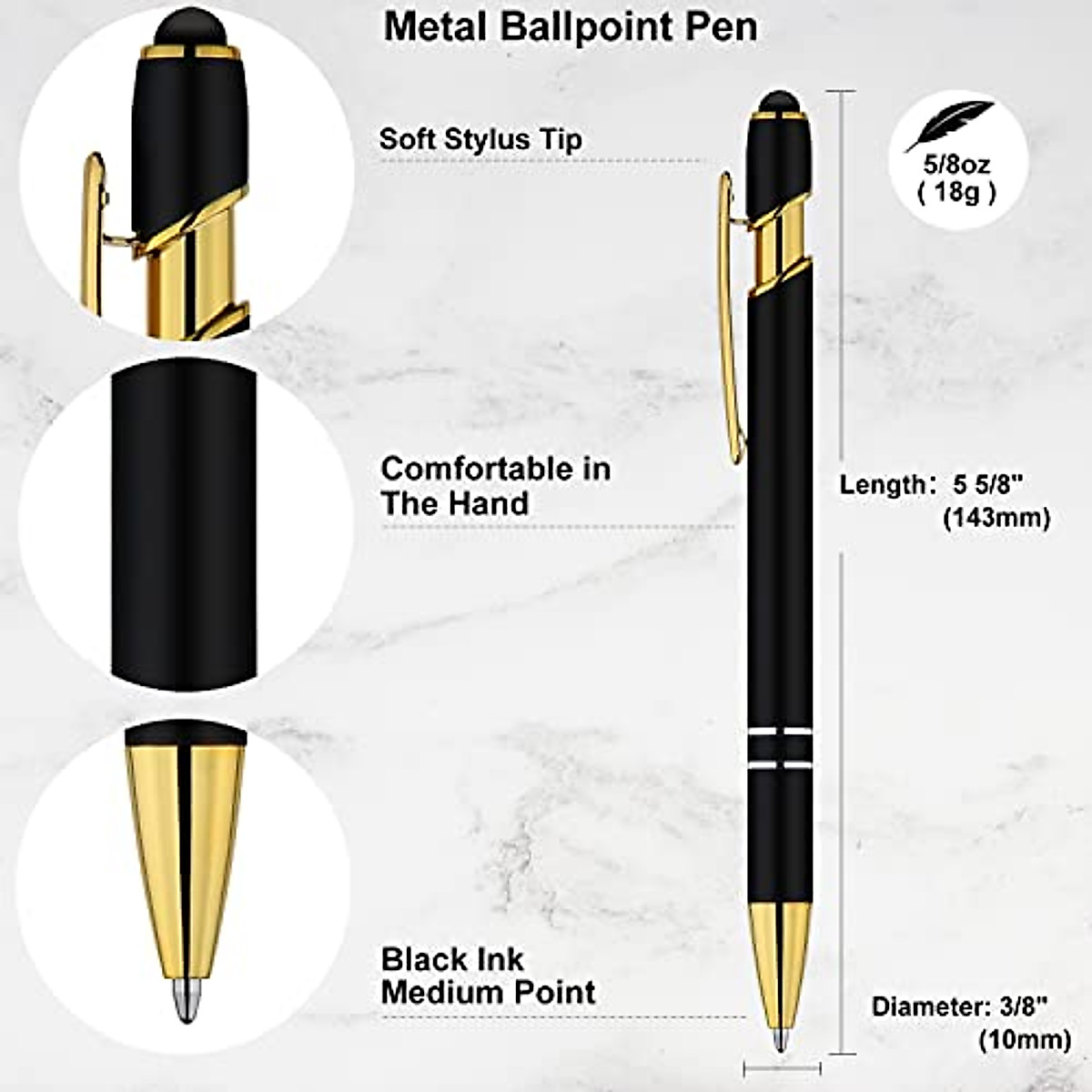 LINFANC 12 Pack Black Gold Ballpoint Pen with Stylus Tip, 1.0 mm Black Ink Smooth Writing Pens, Metal Stylus Pens for Touch Screens