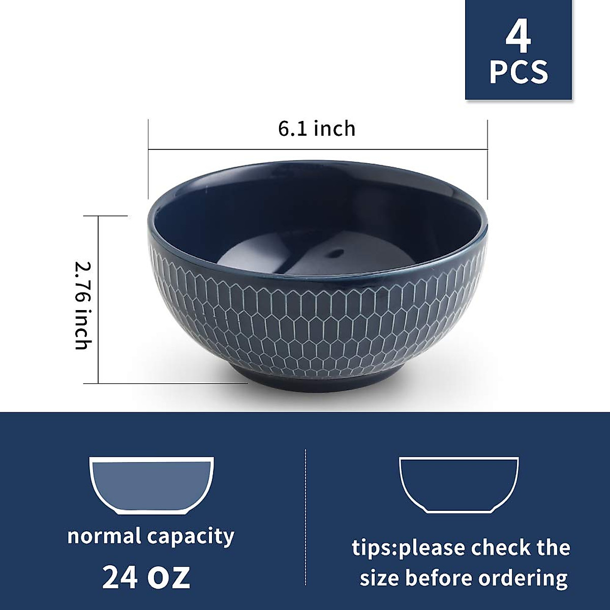 KOOV 24 Ounce Soup Bowl Set, Porcelain Cereal Bowls Microwave And Dishwasher Safe, Kitchen Bowls For Oatmeal Breakfast, Chip, Rice, Ceramic Bowls Set of 4 (Blue Series)