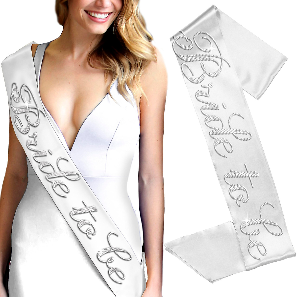 Bride Sash - REAL CRYSTAL Rhinestones Bride To Be Flirty White BRIDAL GRADE SATIN Sash - Bridal Shower & Engagement Decorations - White Sash(Flrty B2B)