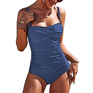 Ekouaer Women's One Piece Swimsuit Ruched Tummy Control Bathing Suits Vintage Retro Push Up Swimwear Navy XXLarge
