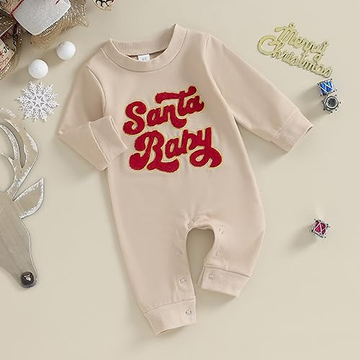 Infant Baby Boy Girl Christmas Outfit Santa Baby Embroidery Romper Long Sleeve Jumpsuit Bodysuit One Piece Outfit (A-Santa Baby Khaki, 3-6 Months)