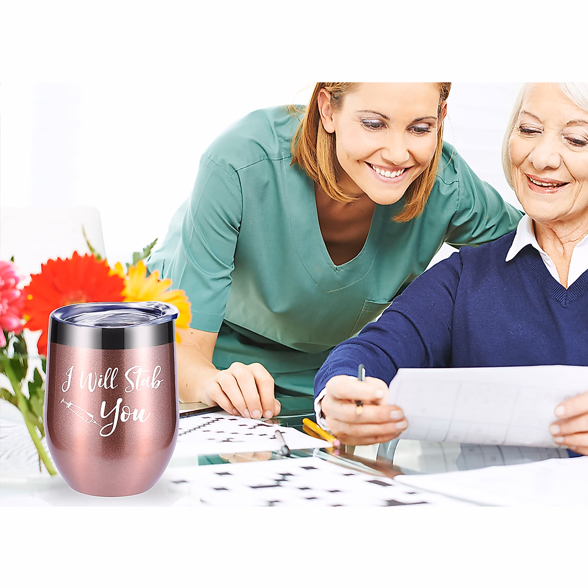 momocici I Will Stab You 12 OZ Wine Glasses Tumbler.Funny Nurse Week,Nurse Gifts.Gag Nursing Graduation Gifts for Nurse.Nurse Practitioner Gifts Travel Mug(Rose Gold)