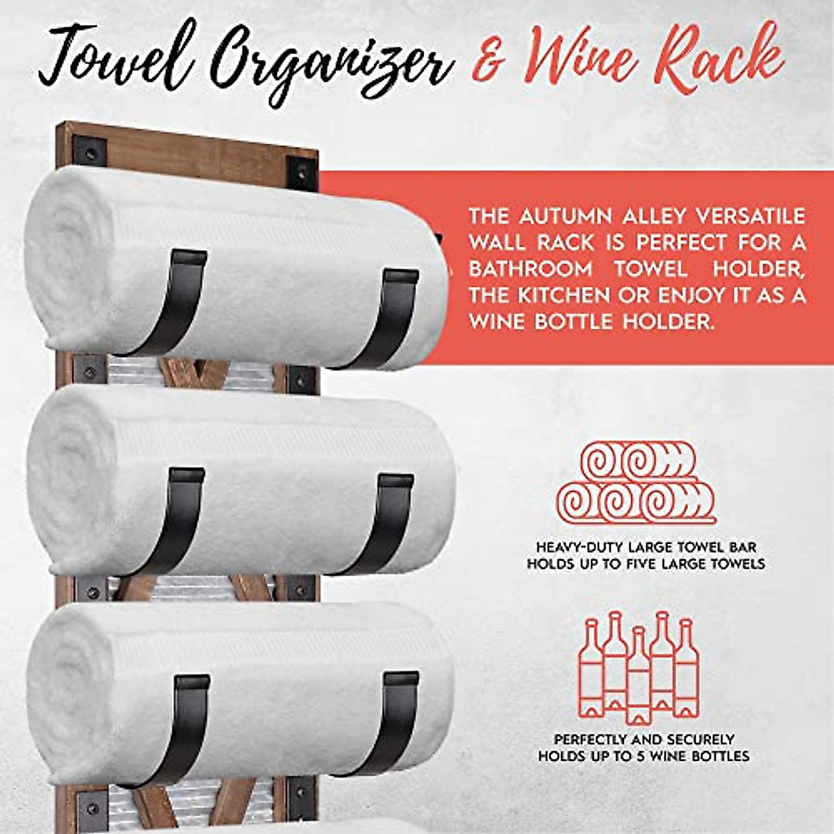 Autumn Alley Farmhouse Towel Holder, Rustic Wine Rack, Rolled Towel Rack, and Wine Holder for Farmhouse Bathroom Accessories Décor, Wall Mounted Towel Rack, Rustic Brown