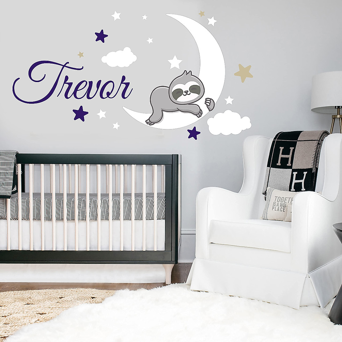 waldo Custom Name Sloth Moon Stars Nursery Wall Decal - WM45. Removable Nursery Wall Decal for Baby Room - Mural Wall Decal for Kids