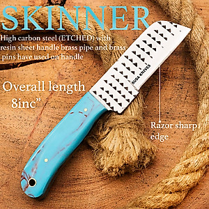 SUSA KNIVES Custom Handmade Rasp Bull Cutter knives horse file steel bull cutter knife, cowboy skinner knife with pancake leather sheath (BLUE)