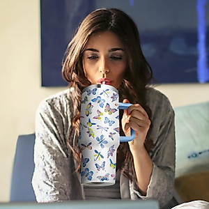 Ksoemar 40 Oz Butterfly Tumbler with Handle and Straw, Double Wall Stainless Steel Cup, Butterfly Tumbler with Lid and Straw, 40 Oz Water Bottle and Mugs for Women Gifts