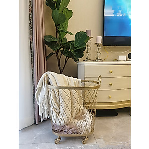 Clothes Storage Basket, Laundry Basket with Wheels, Round Mesh Wrought Iron Toy Storage Box- Home Bathroom Laundry Basket, Laundry Basket, for Clothes, Toy Storage, Dirty Clothes Storage Box (Gold)