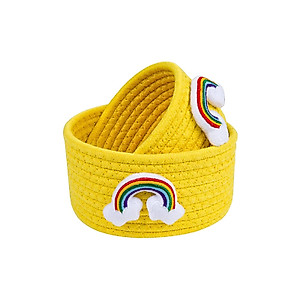 Set of 2 Small Woven Storage Baskets for Organizing,Small Cotton Rope Baskets Decorative Small Round Storage Bins for Desk Kids Socks Toys and Gifts (Yellow)