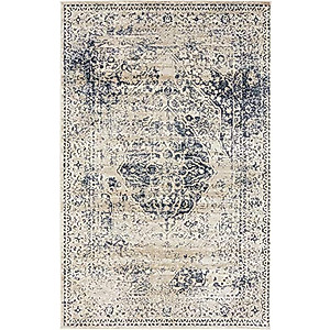 Unique Loom Chateau Collection High-Low Pile, Vintage, Traditional, Distressed, Medallion Area Rug (4' 0 x 6' 0 Rectangular, Beige/Navy Blue)
