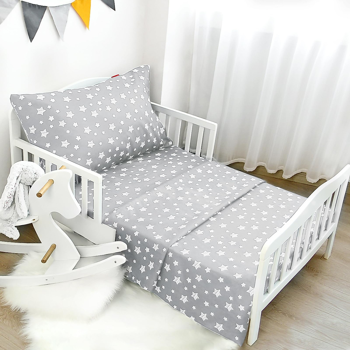 Moonsea Toddler Bed Sheets, 3 Piece Toddler Sheet Set, Soft Breathable Crib Bedding Set for Boys Includes a Flat Sheet, a Fitted Sheet, a Pillowcase, Grey Star