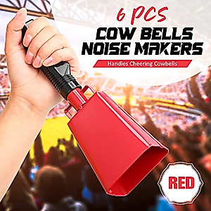 6 Pcs Cow Bells Noise Makers with Handles Cheering Cowbells for Sporting Events Musical Hand Percussion Cowbells Solid Football Cowbell Loud Call Bell Hand Percussion Cowbells for School, Red