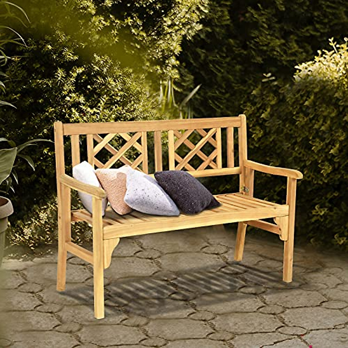 Tangkula Folding Wood Garden Bench, 2 Person Foldable Acacia Patio Bench with Heavy Duty Structure, Locks, Wide Curved Armrest and Backrest,for Yard, Deck, Balcony, Park (Teak)