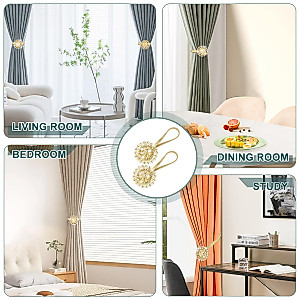 AULEEP Magnetic Curtain Tiebacks, 4 Pack Magnetic Crystal Decorative Drapes Curtain Clips Buckle, Flower Curtain Tie Back, European and American Style (Gold)