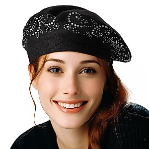 LADYBRO Barre Hat Wool Beret Hats for Women Rhinestone Womens Hats and Caps Winter Black