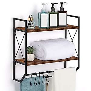 Bathroom Towel Rack 2 Tier Wall Shelf with Towel Bar, Rustic Towel Rack with Shelf for Wall Storage Shelves with Hooks Over Toilet Shelf Wall Mounted Towel Holder Shelf Floating Shelves for Home Brown