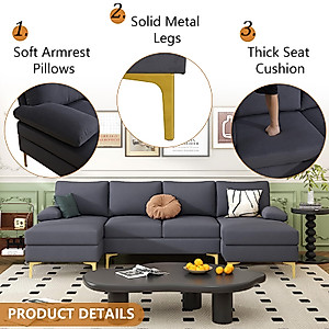 Lakifun Modular Sectional Sofa Couch for Living Room, U Shaped Convertible Lounge Sofa with Loveseat & Double Chaise, 4 Seater Comfy Fabric Couch Set for Home Office (Gray)